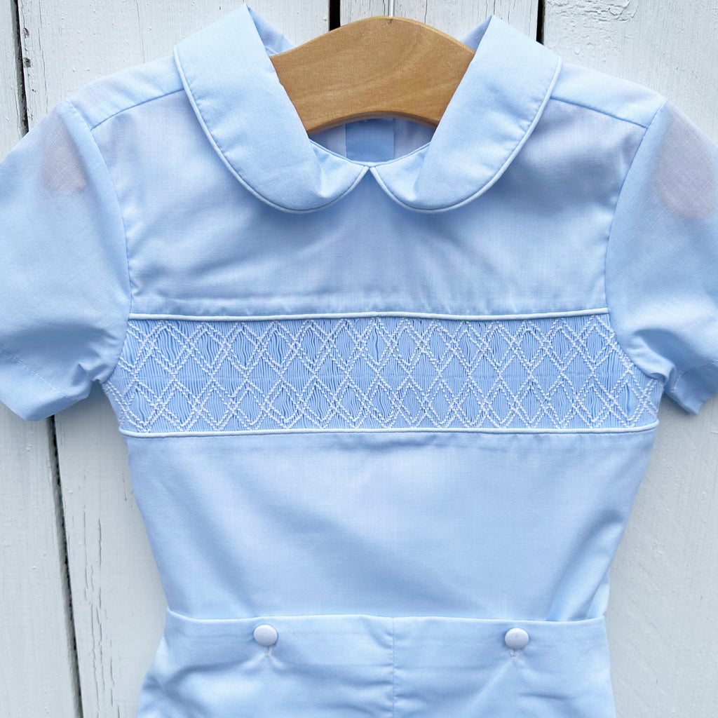Blue Batiste Smocked Heirloom Button-On Short Set - Dressie Jessie Smocking